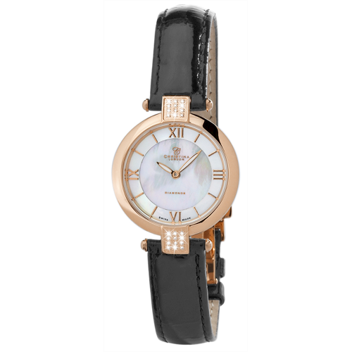 135RWBL Christina Design London rosa forgyldt dameur med sort læderrem